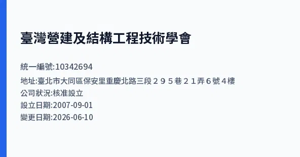 臺灣營建及結構工程技術學會的照片-統編 10342694(臺北市) 公司登記資料與營業項目詳細圖表