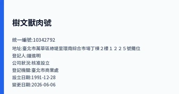 樹文獸肉號的照片-統編 10342792(臺北市) 公司登記資料與營業項目詳細圖表
