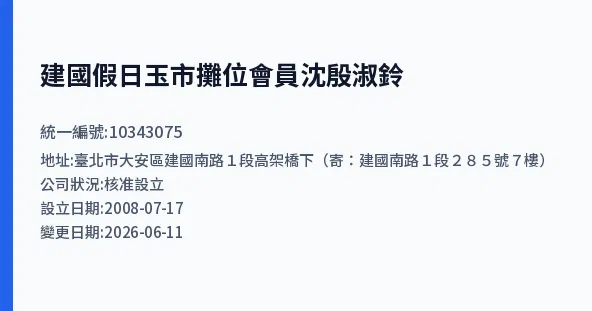 建國假日玉市攤位會員沈殷淑鈴的照片-統編 10343075(臺北市) 公司登記資料與營業項目詳細圖表