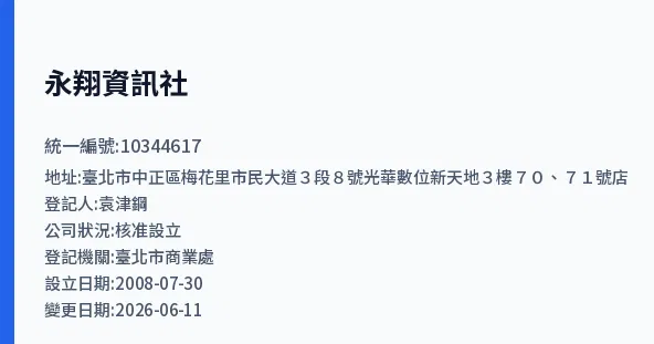 永翔資訊社的照片-統編 10344617(臺北市) 公司登記資料與營業項目詳細圖表