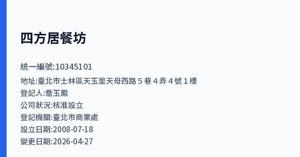 四方居餐坊的照片-統編 10345101(臺北市) 公司登記資料與營業項目詳細圖表