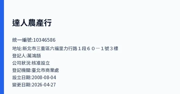 達人農產行的照片-統編 10346586(新北市) 公司登記資料與營業項目詳細圖表