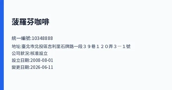 菠羅芬咖啡的照片-統編 10348888(臺北市) 公司登記資料與營業項目詳細圖表
