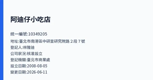阿迪仔小吃店的照片-統編 10349205(臺北市) 公司登記資料與營業項目詳細圖表