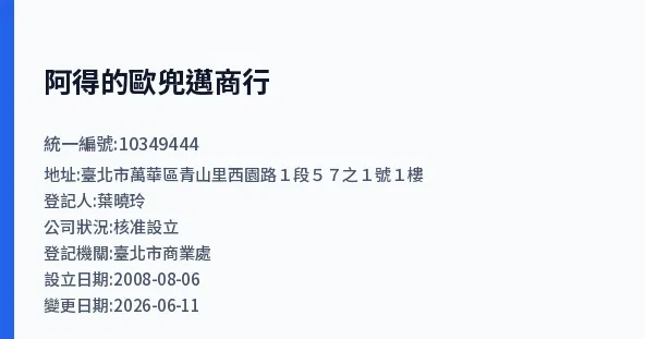 阿得的歐兜邁商行的照片-統編 10349444(臺北市) 公司登記資料與營業項目詳細圖表