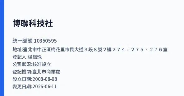 博聯科技社的照片-統編 10350595(臺北市) 公司登記資料與營業項目詳細圖表