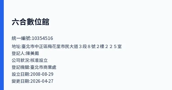 六合數位館的照片-統編 10354516(臺北市) 公司登記資料與營業項目詳細圖表