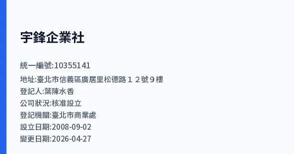 宇鋒企業社的照片-統編 10355141(臺北市) 公司登記資料與營業項目詳細圖表