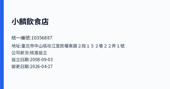 小麟飲食店的照片-統編 10356887(臺北市) 公司登記資料與營業項目詳細圖表
