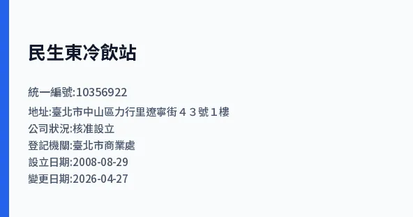 民生東冷飲站的照片-統編 10356922(臺北市) 公司登記資料與營業項目詳細圖表
