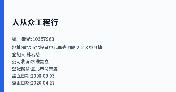 人从众工程行的照片-統編 10357963(臺北市) 公司登記資料與營業項目詳細圖表