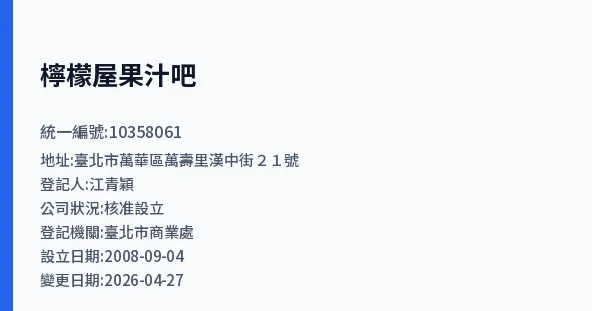 檸檬屋果汁吧的照片-統編 10358061(臺北市) 公司登記資料與營業項目詳細圖表