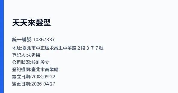 天天來髮型的照片-統編 10367337(臺北市) 公司登記資料與營業項目詳細圖表