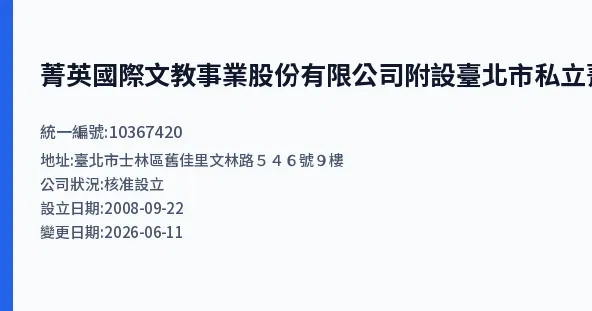 菁英國際文教事業股份有限公司附設臺北市私立菁英國際語文短期補習班士林分班的照片-統編 10367420(臺北市) 公司登記資料與營業項目詳細圖表
