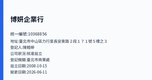 博妍企業行的照片-統編 10368856(臺北市) 公司登記資料與營業項目詳細圖表