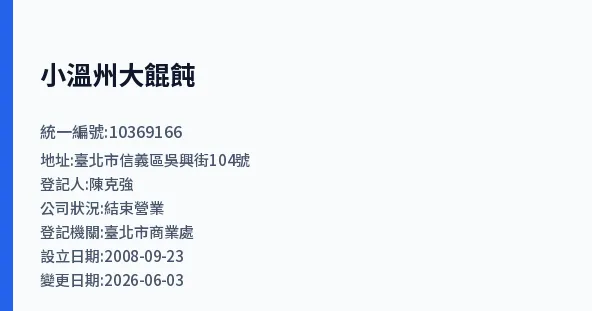 小溫州大餛飩的照片-統編 10369166(臺北市) 公司登記資料與營業項目詳細圖表