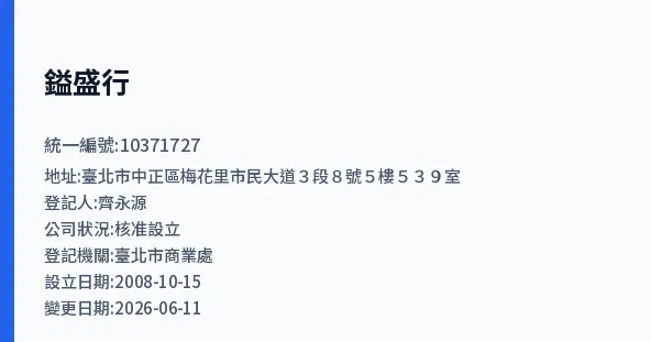 鎰盛行的照片-統編 10371727(臺北市) 公司登記資料與營業項目詳細圖表