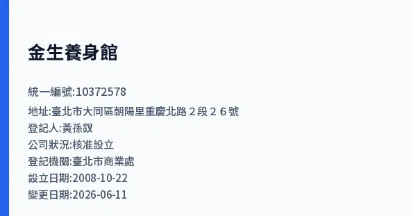 金生養身館的照片-統編 10372578(臺北市) 公司登記資料與營業項目詳細圖表