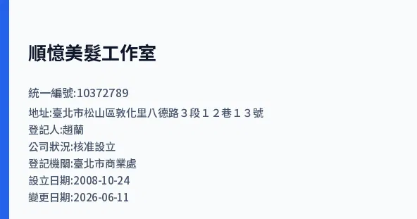 順憶美髮工作室的照片-統編 10372789(臺北市) 公司登記資料與營業項目詳細圖表