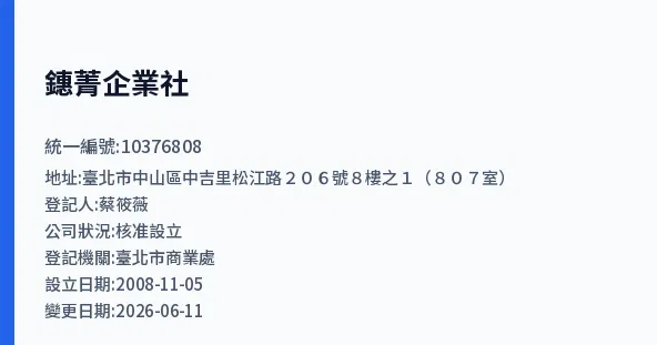 鏸菁企業社的照片-統編 10376808(臺北市) 公司登記資料與營業項目詳細圖表