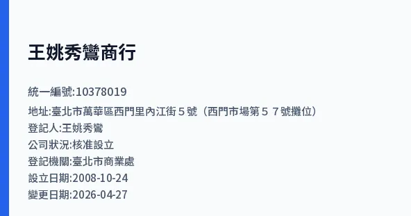 王姚秀鸞商行的照片-統編 10378019(臺北市) 公司登記資料與營業項目詳細圖表