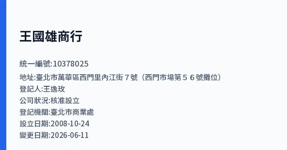 王國雄商行的照片-統編 10378025(臺北市) 公司登記資料與營業項目詳細圖表