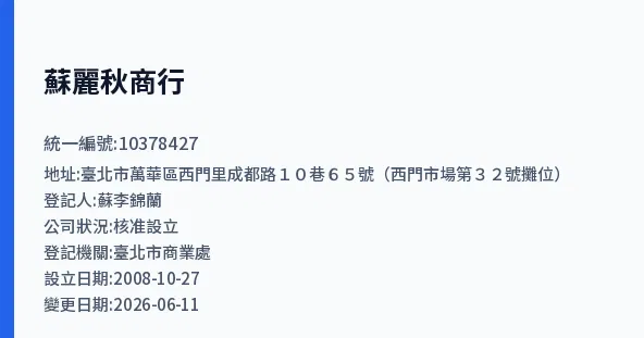 蘇麗秋商行的照片-統編 10378427(臺北市) 公司登記資料與營業項目詳細圖表
