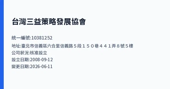 台灣三益策略發展協會的照片-統編 10381252(臺北市) 公司登記資料與營業項目詳細圖表