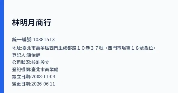 林明月商行的照片-統編 10381513(臺北市) 公司登記資料與營業項目詳細圖表