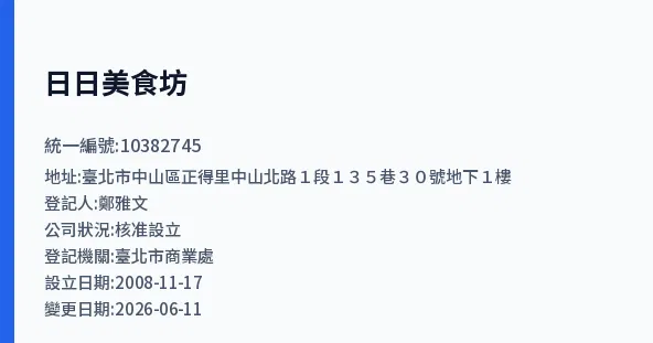 日日美食坊的照片-統編 10382745(臺北市) 公司登記資料與營業項目詳細圖表