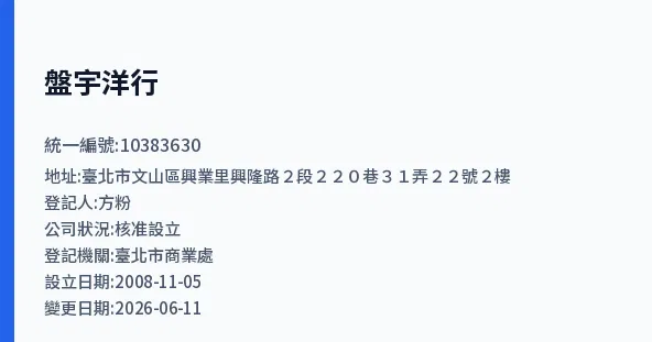 盤宇洋行的照片-統編 10383630(臺北市) 公司登記資料與營業項目詳細圖表