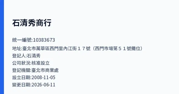 石清秀商行的照片-統編 10383673(臺北市) 公司登記資料與營業項目詳細圖表