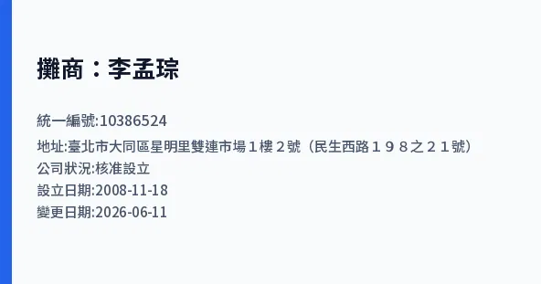 攤商:李孟琮的照片-統編 10386524(臺北市) 公司登記資料與營業項目詳細圖表