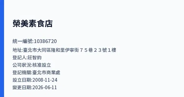 榮美素食店的照片-統編 10386720(臺北市) 公司登記資料與營業項目詳細圖表