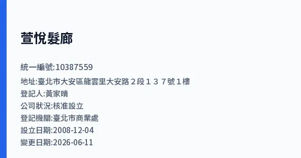 萱悅髮廊的照片-統編 10387559(臺北市) 公司登記資料與營業項目詳細圖表