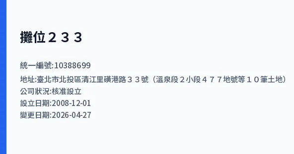 攤位233的照片-統編 10388699(臺北市) 公司登記資料與營業項目詳細圖表