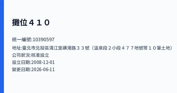 攤位410的照片-統編 10390597(臺北市) 公司登記資料與營業項目詳細圖表