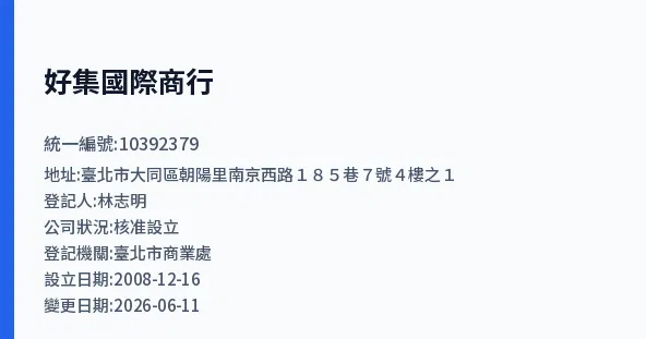 好集國際商行的照片-統編 10392379(臺北市) 公司登記資料與營業項目詳細圖表