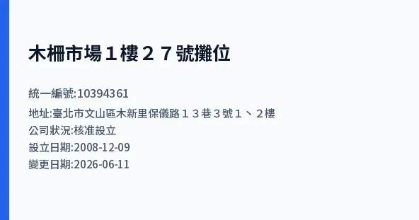 木柵市場1樓27號攤位的照片-統編 10394361(臺北市) 公司登記資料與營業項目詳細圖表