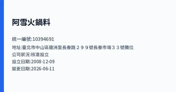 阿雪火鍋料的照片-統編 10394691(臺北市) 公司登記資料與營業項目詳細圖表