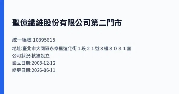 聖億纖維股份有限公司第二門市的照片-統編 10395615(臺北市) 公司登記資料與營業項目詳細圖表