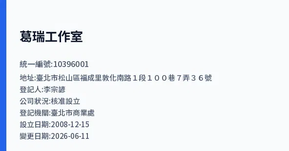 葛瑞工作室的照片-統編 10396001(臺北市) 公司登記資料與營業項目詳細圖表