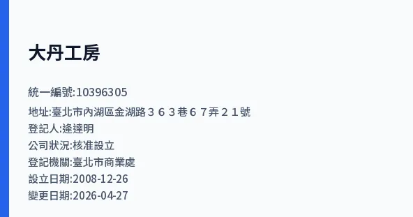 大丹工房的照片-統編 10396305(臺北市) 公司登記資料與營業項目詳細圖表