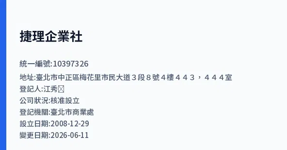 捷理企業社的照片-統編 10397326(臺北市) 公司登記資料與營業項目詳細圖表