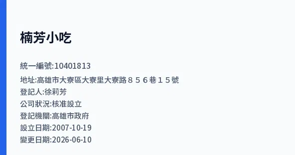 楠芳小吃的照片-統編 10401813(高雄市) 公司登記資料與營業項目詳細圖表