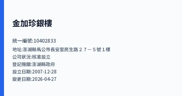 金加珍銀樓的照片-統編 10402833(澎湖縣) 公司登記資料與營業項目詳細圖表