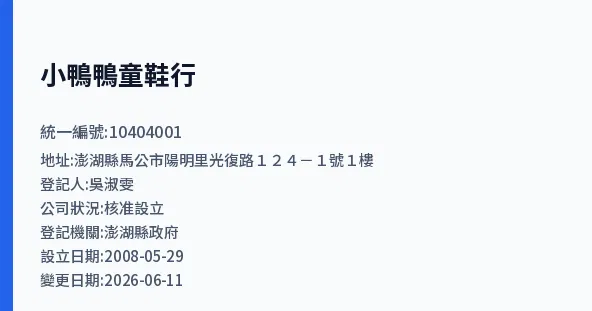 小鴨鴨童鞋行的照片-統編 10404001(澎湖縣) 公司登記資料與營業項目詳細圖表