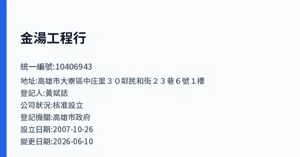 金湯工程行的照片-統編 10406943(高雄市) 公司登記資料與營業項目詳細圖表