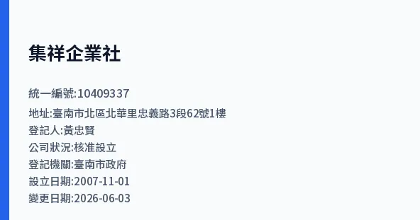 集祥企業社的照片-統編 10409337(臺南市) 公司登記資料與營業項目詳細圖表