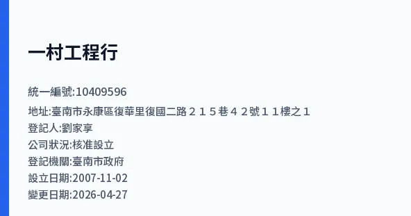 一村工程行的照片-統編 10409596(臺南市) 公司登記資料與營業項目詳細圖表